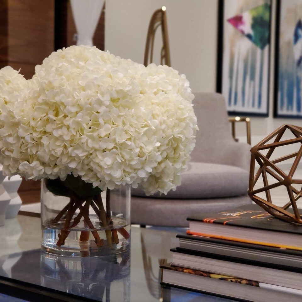 White Hydrangea Bouquet in clear glass cylinder vase - CFA Design Group