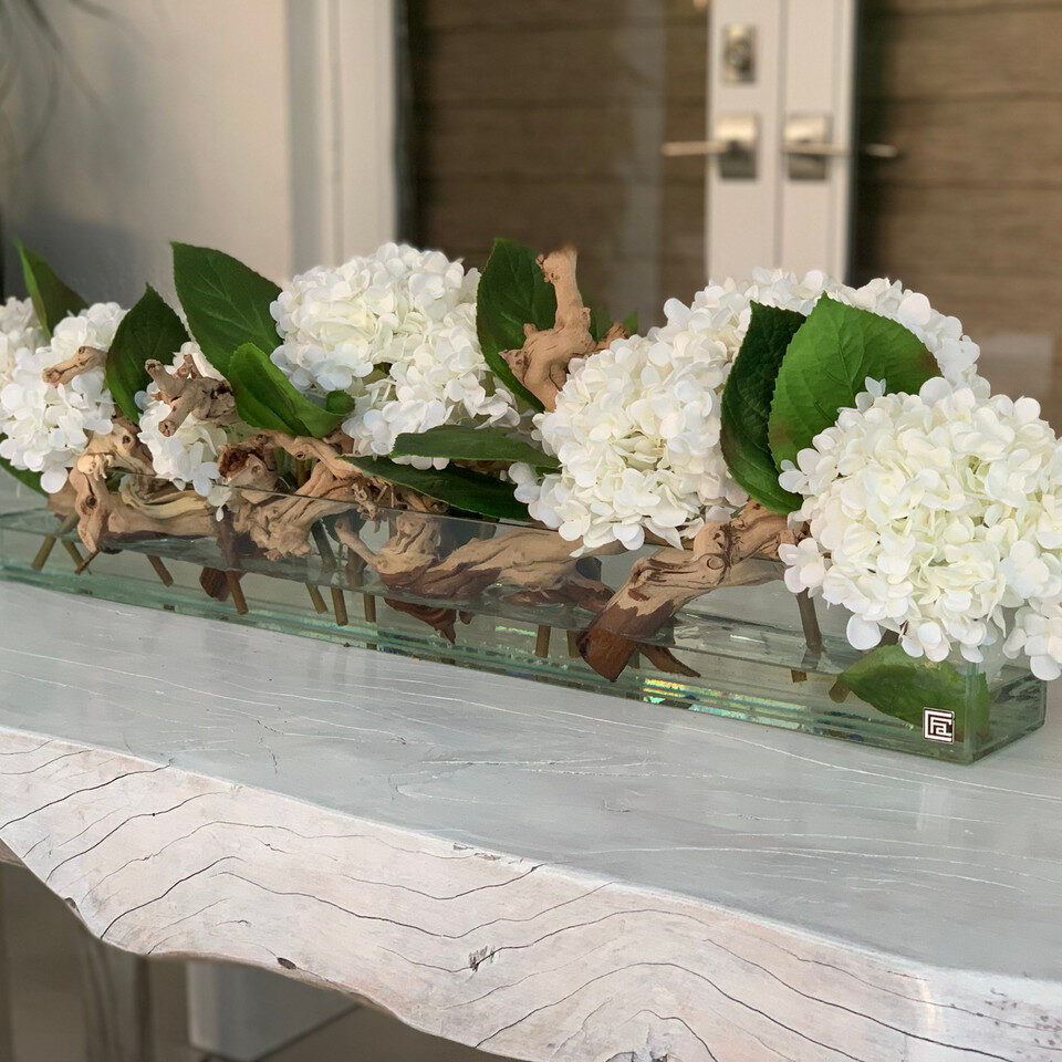 48″ Casa Moderna Glass Plate Planter with white Hydrangeas and ...