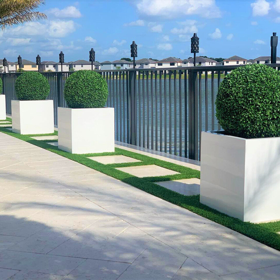 Large Block Fiberglass Planter with 20″ Topiary - CFA Design Group