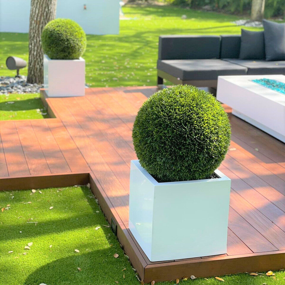 Medium Block Fiberglass Planter with 20″ Topiary - CFA Design Group
