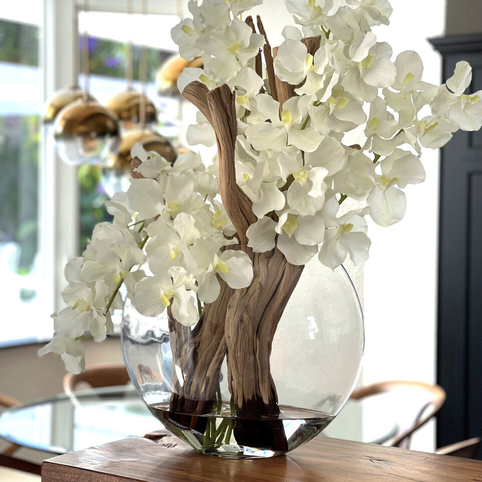 16″ Moon Vase with White Vanda Orchids - CFA Design Group