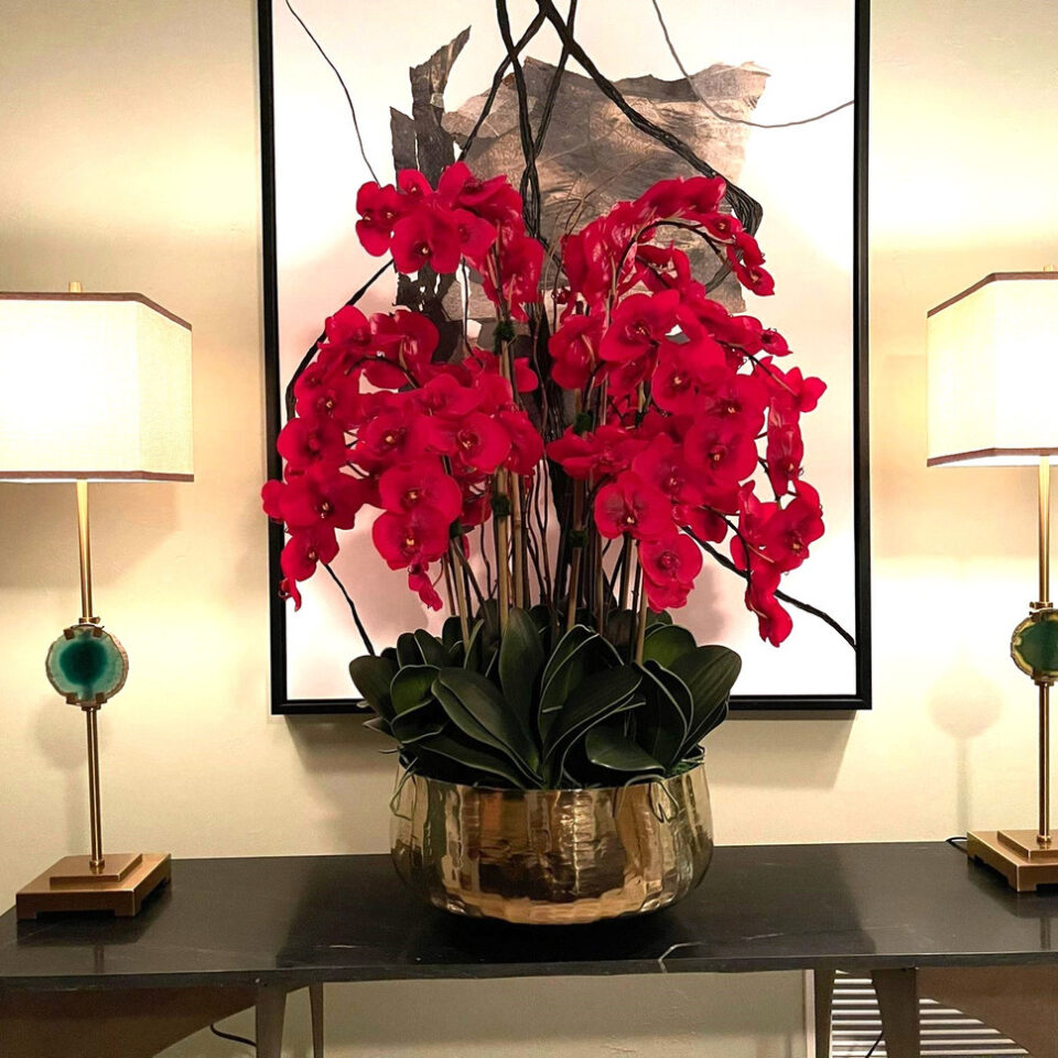 Red Phalaenopsis Orchids Floral Arrangement in Medium Gold Planter ...