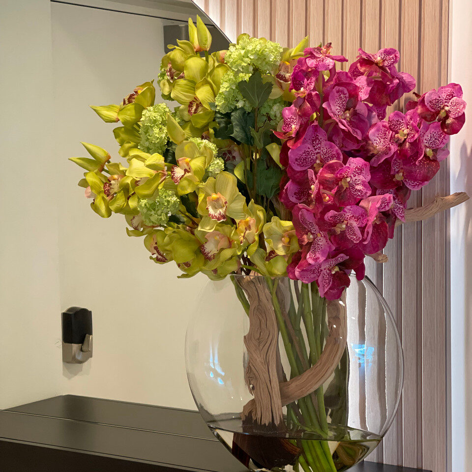 Moon Vase with Green Snowball Hydrangeas, Green Cymbidiums and Fuchsia ...