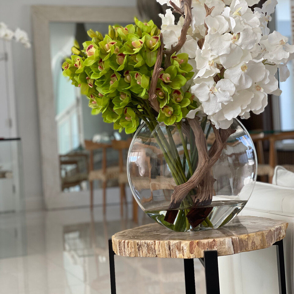 Moon Vase with White Vanda Orchids and Green Cymbidiums - CFA Design Group