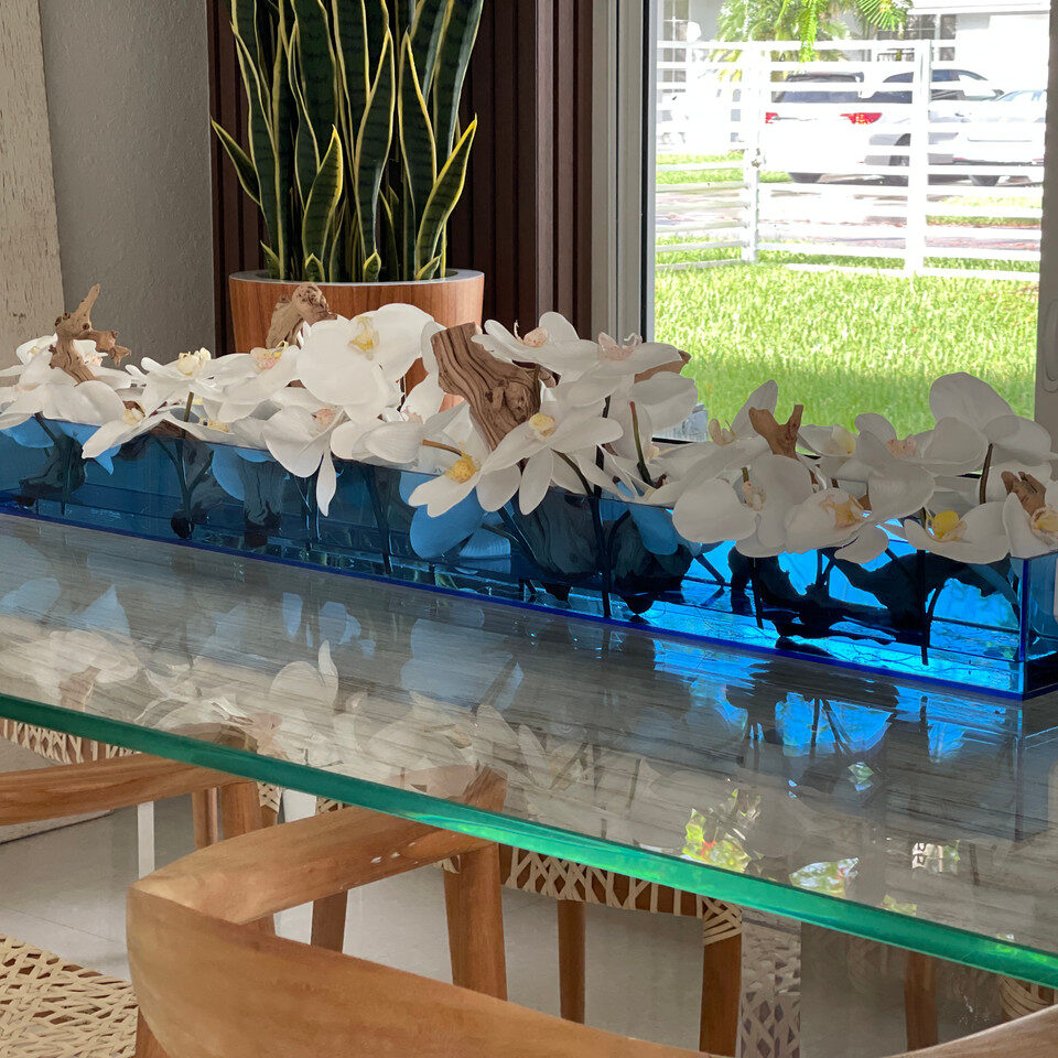 36″ Casa Moderna Blue Acrylic Planter with White Orchids and Driftwood ...