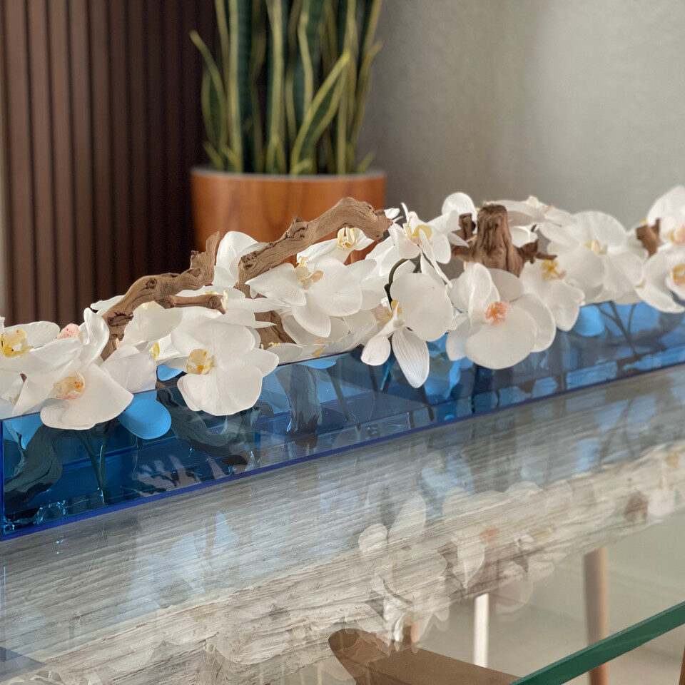 36″ Casa Moderna Blue Acrylic Planter with White Orchids and Driftwood ...