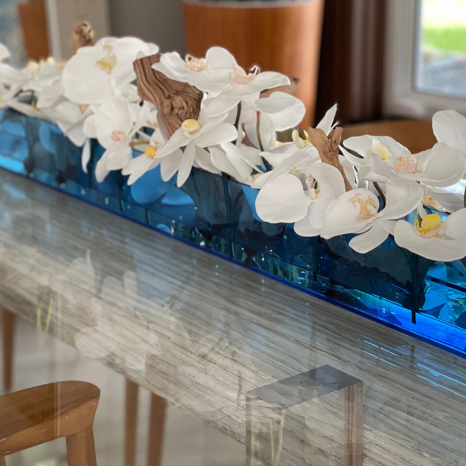 36″ Casa Moderna Blue Acrylic Planter with White Orchids and Driftwood ...