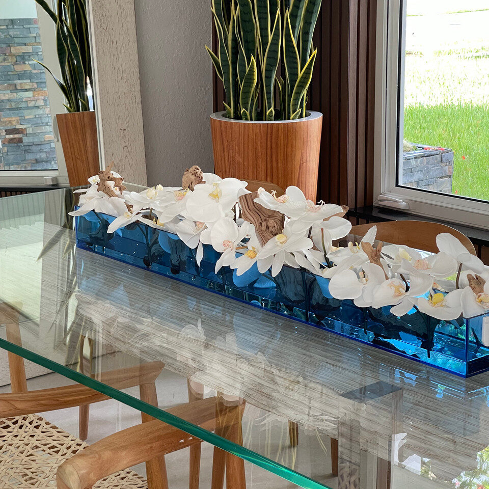 36″ Casa Moderna Blue Acrylic Planter with White Orchids and Driftwood ...