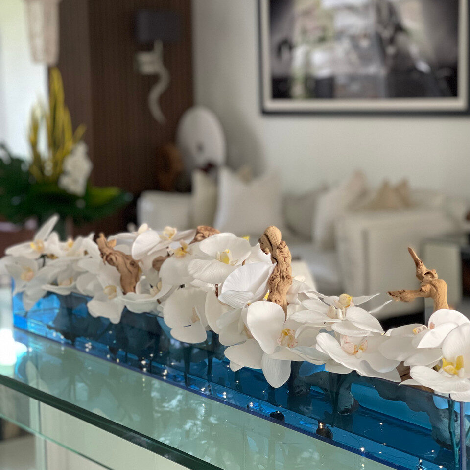 36″ Casa Moderna Blue Acrylic Planter with White Orchids and Driftwood ...