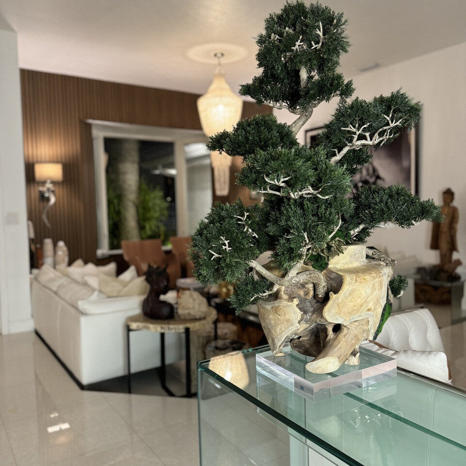 Teak Vase with Semi cascade Bonsai - CFA Design Group