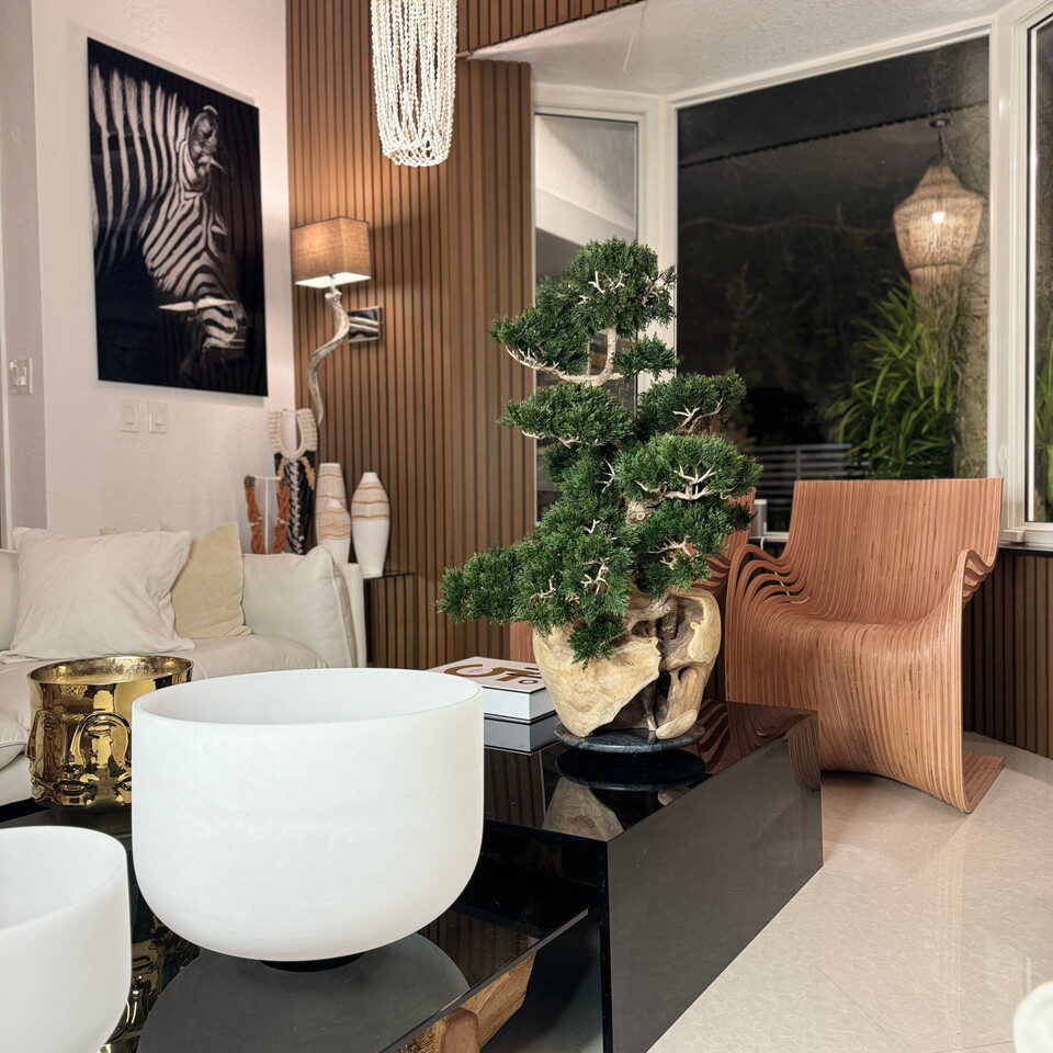 Teak Vase with Semi cascade Bonsai - CFA Design Group