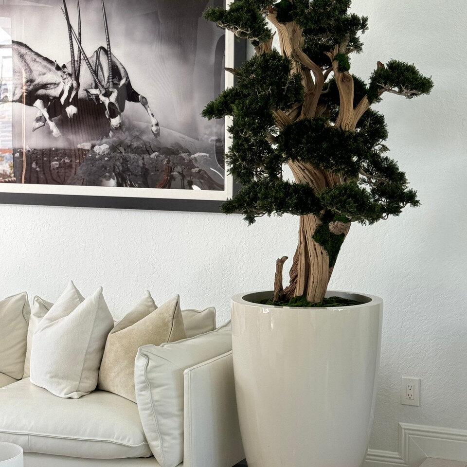 Teak Vase with Semi cascade Bonsai - CFA Design Group