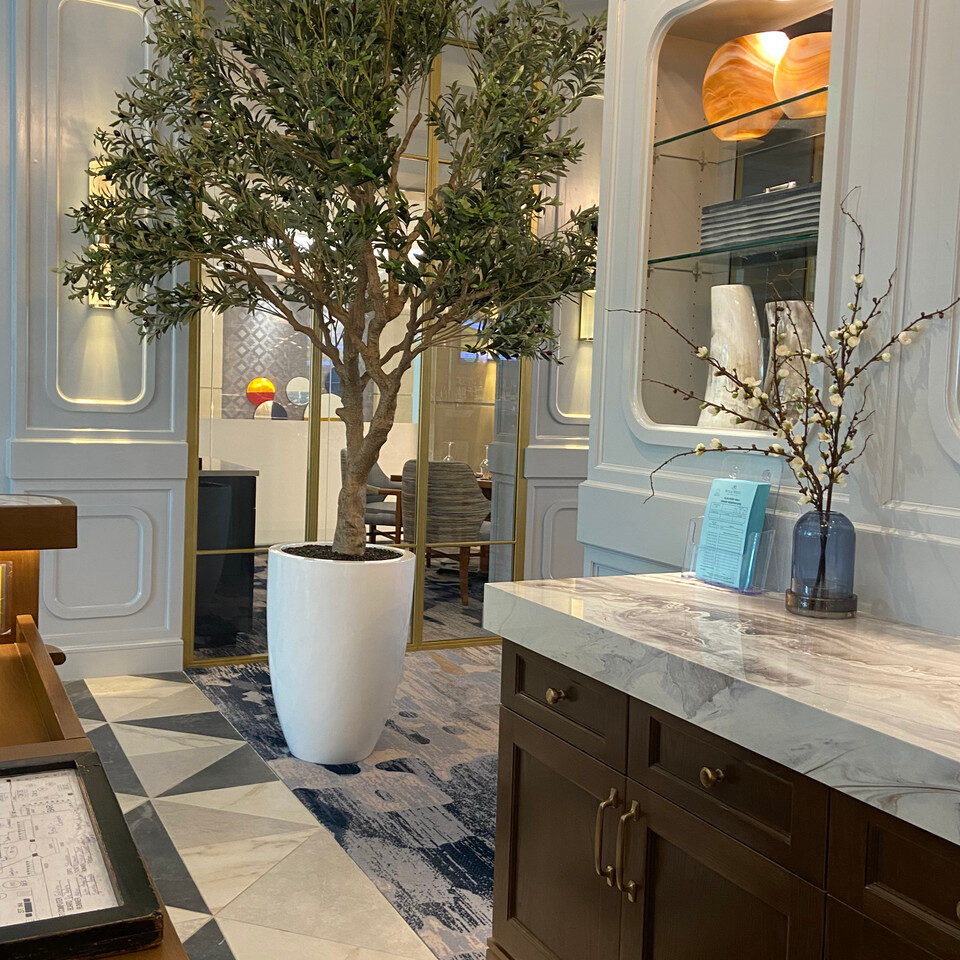 Artificial 98″ Olive Tree In Glossy White Ben Planter - CFA Design Group