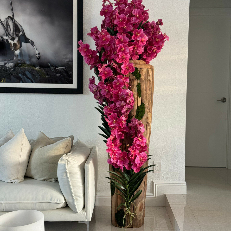 Large Live Edge Teak Vase with Pink Vanda Orchids - CFA Design Group