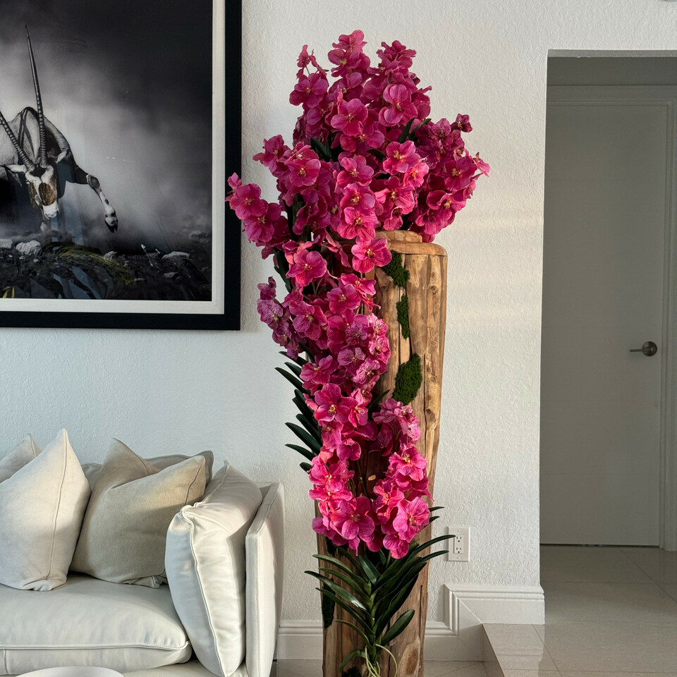 Large Live Edge Teak Vase with Pink Vanda Orchids - CFA Design Group