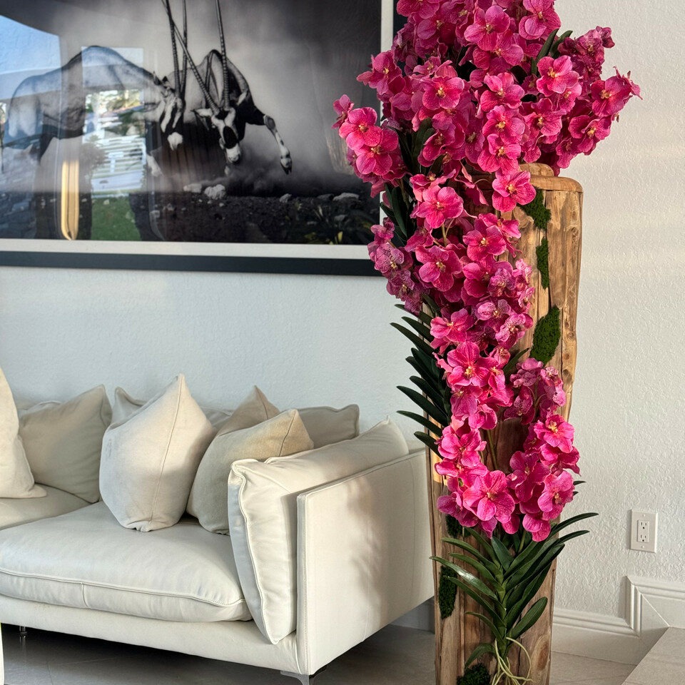 Large Live Edge Teak Vase with Pink Vanda Orchids - CFA Design Group