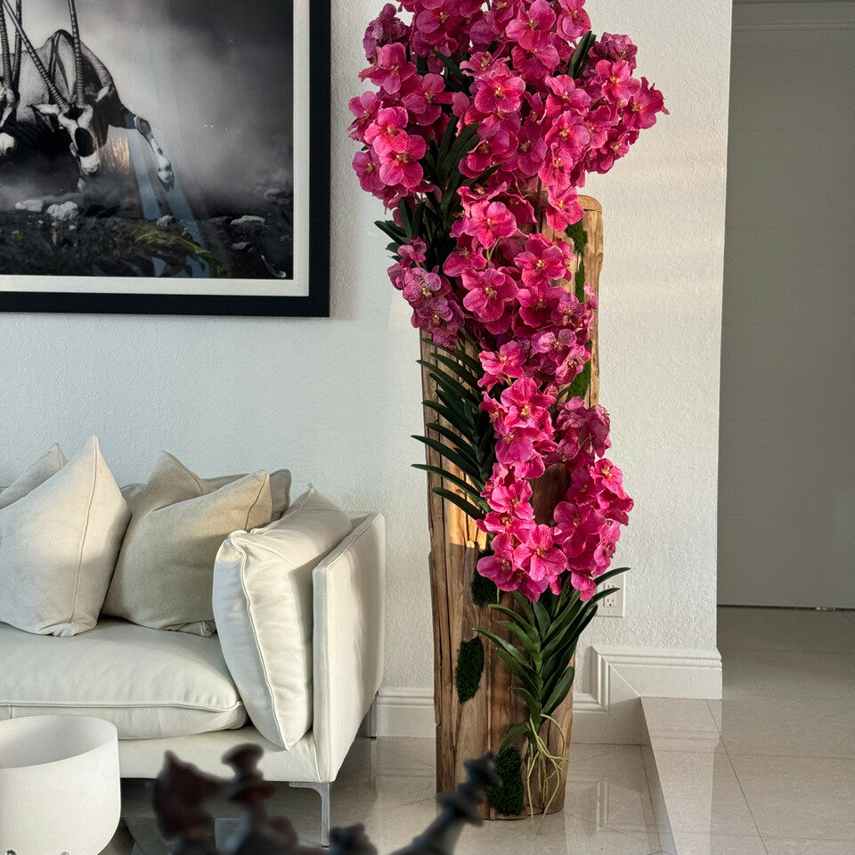 Large Live Edge Teak Vase with Pink Vanda Orchids - CFA Design Group