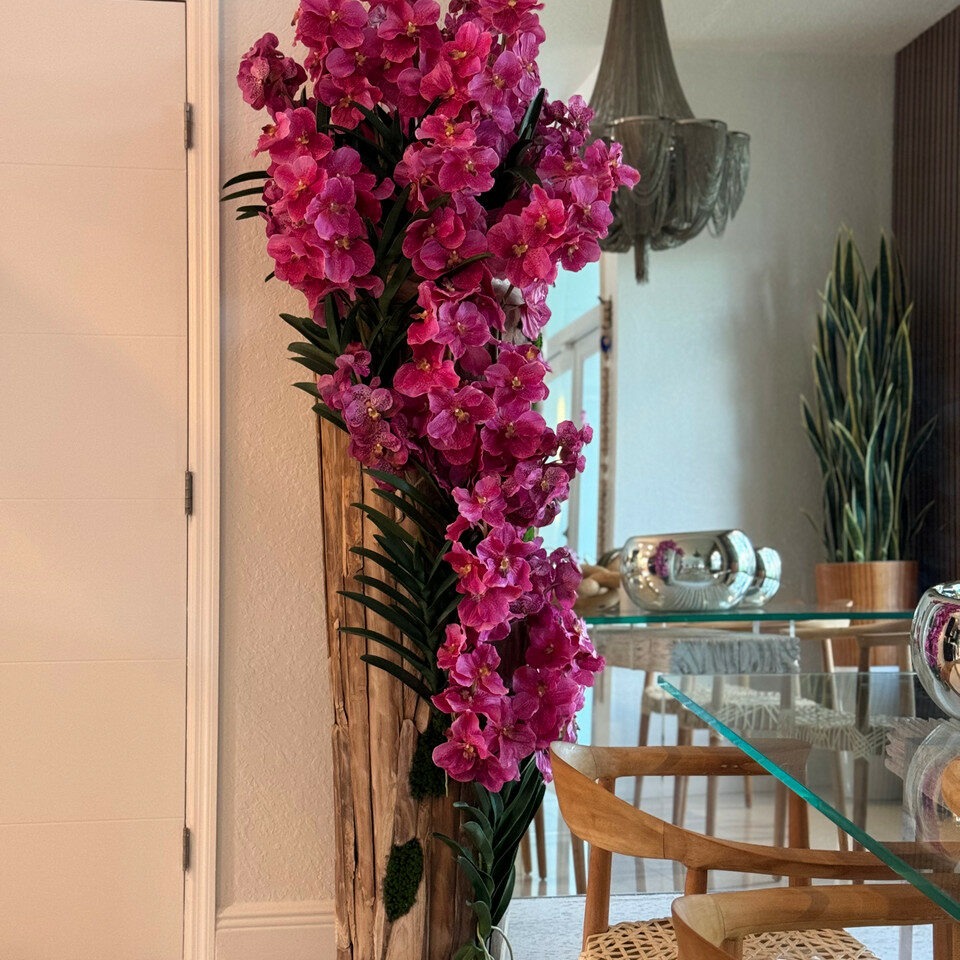 Large Live Edge Teak Vase with Pink Vanda Orchids - CFA Design Group