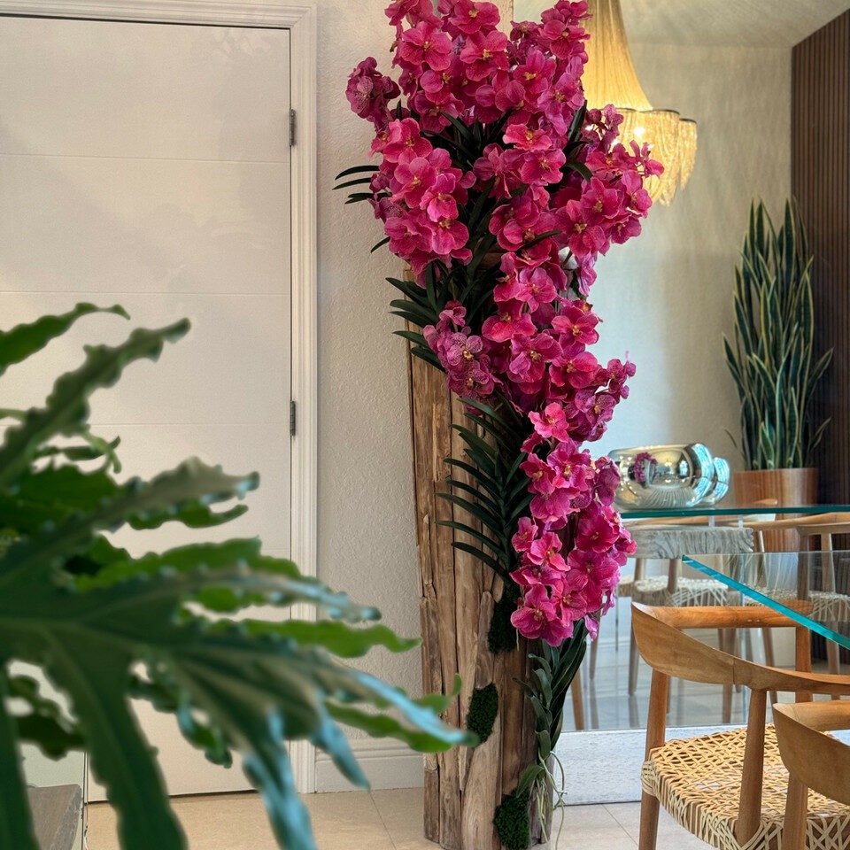 Large Live Edge Teak Vase with Pink Vanda Orchids - CFA Design Group