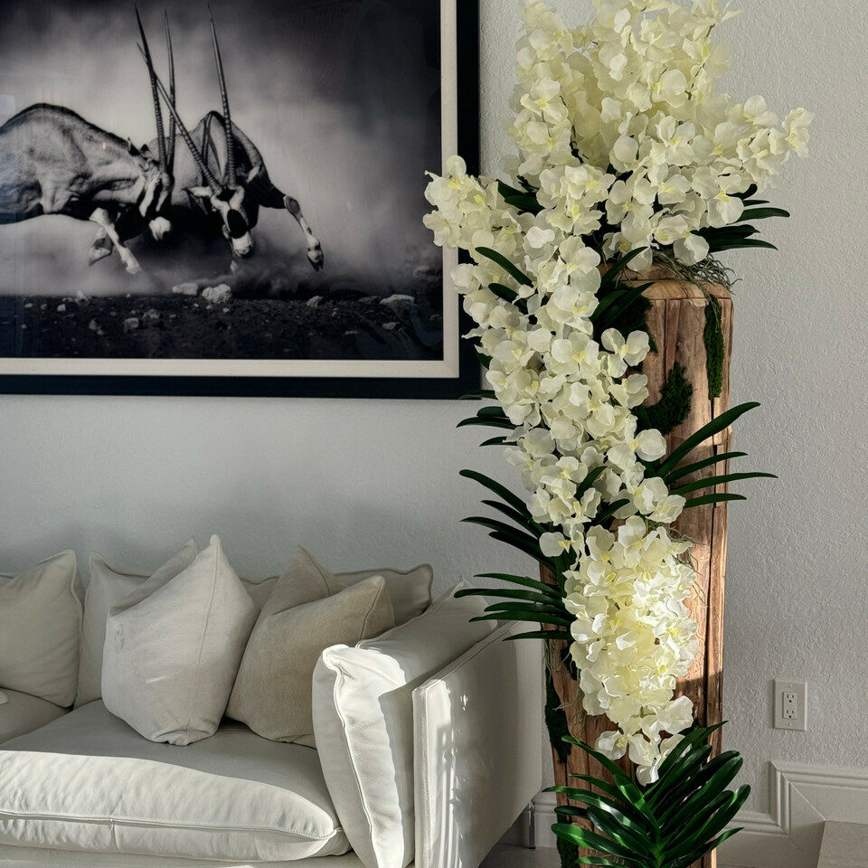Large Live Edge Teak Vase with White Vanda Orchids - CFA Design Group