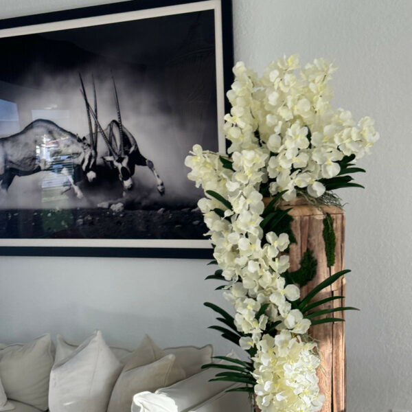 Large Live Edge Teak Vase with White Vanda Orchids - CFA Design Group