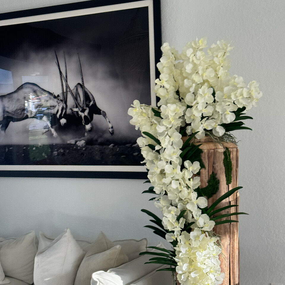 Large Live Edge Teak Vase with White Vanda Orchids - CFA Design Group