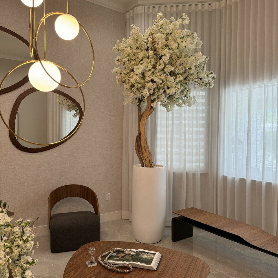 Matte Beige St. Tropez Planter with Custom Made White Cherry Blossom ...