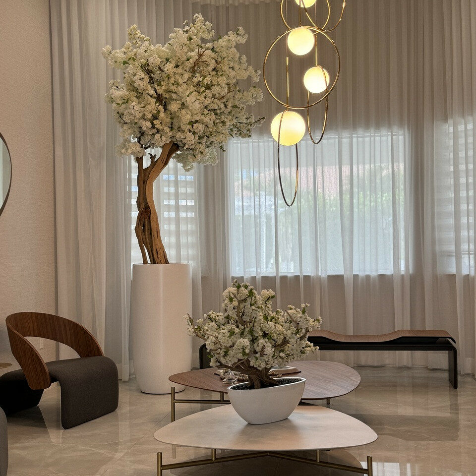 Matte Beige St. Tropez Planter with Custom Made White Cherry Blossom ...