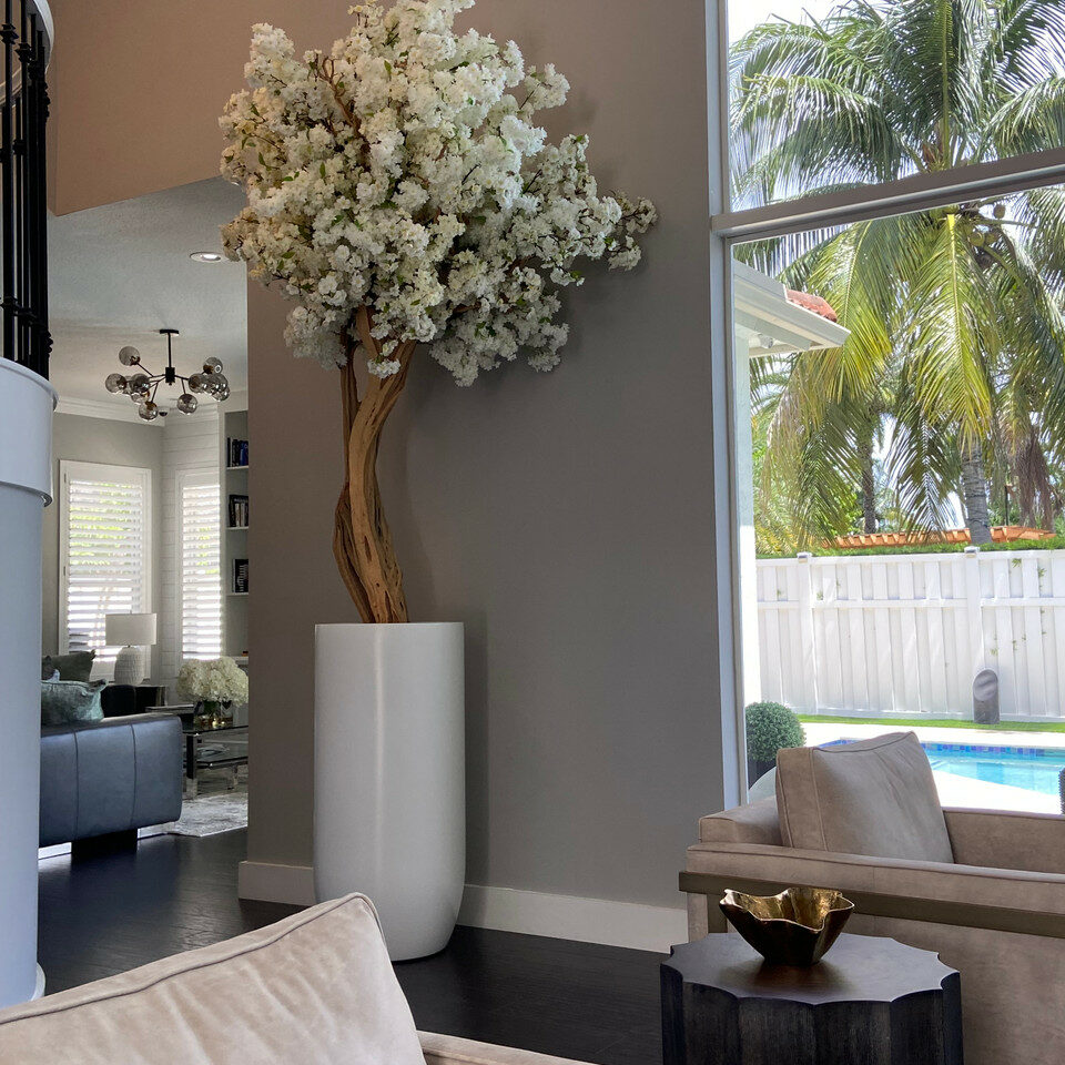 Matte Beige St. Tropez Planter with Custom Made White Cherry Blossom ...