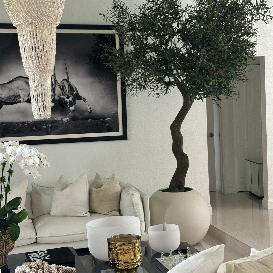 7′ Olive Tree in Matte Beige 30″ Globe Planter - CFA Design Group